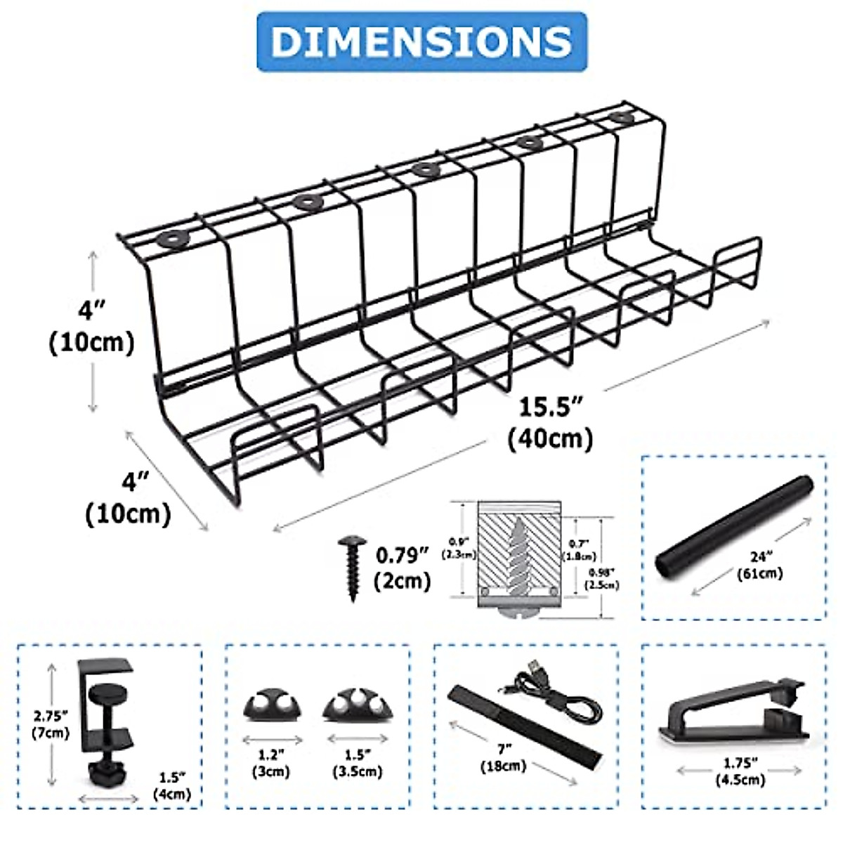 MANA'O Clamp-On Cable Management Tray Kit. Under Desk Storage Cord Organizer with Clamp! and Accessories - Cable Clips, Fastening Tape, Ties Straps and Wire Organizer Cover Braided Cable Sleeve