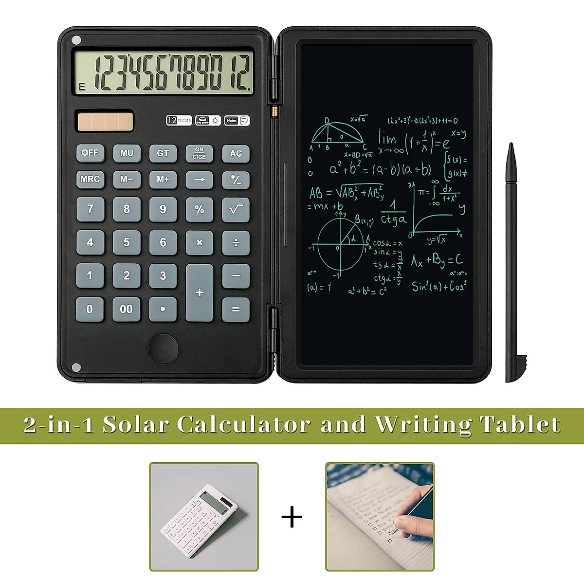 Basic Calculator, 12-Digit Premium Mute Desktop Calculators with 6 inch Writing Tablet, Solar and Battery Dual Power for Office, School, Business