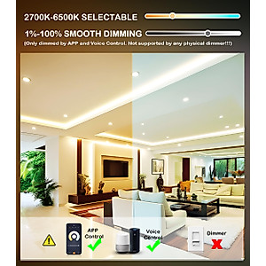 CLOUDY BAY [6 Pack] 4inch Smart WiFi LED Recessed Lights,RGBCW Color Changing Recessed Lighting,Compatible with Alexa and Google Home Assistant,No Hub Required,10W 2700K-6500K,CRI90+ Wet Location