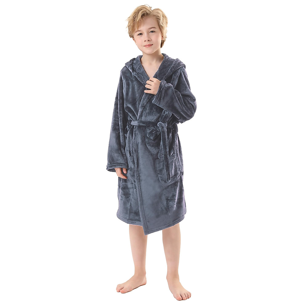 V.&GRIN Boys Fleece Robe, Hooded Toddler Soft Fuzzy Bathrobe for Kids 3-14 Years（Gray 9-10）