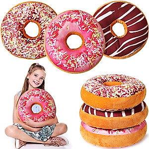 Round Throw Pillow 3 Pcs 16 Inch Chocolate Donut Pillow Plush Soft Food Pillow 3D Digital Print Stuffed Ear Piercing Pillow Decorative Light Weight Seat Pad Cushion for Chair Floor Couch Sofa (Cute)