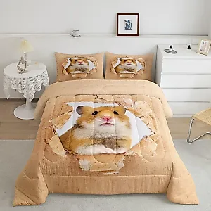 Erosebridal Hamster Comforter Set Twin Size Brown Mouse Bedding Set 3D Cute Animal Down Comforter Kawaii Pet Bedroom Decor Warm Soft Quilt Set for Kids Boys Girls Teens