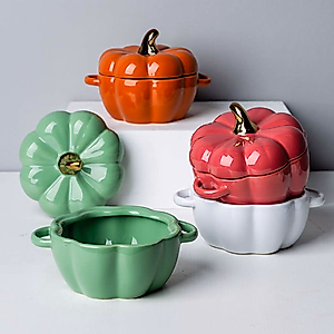 YUMUO Pumpkin Not-Stick Ceramics Dish,Fashion Creative Tableware Dessert Fruit Soup Bowl with Lid,for Cooking & Serving Orange