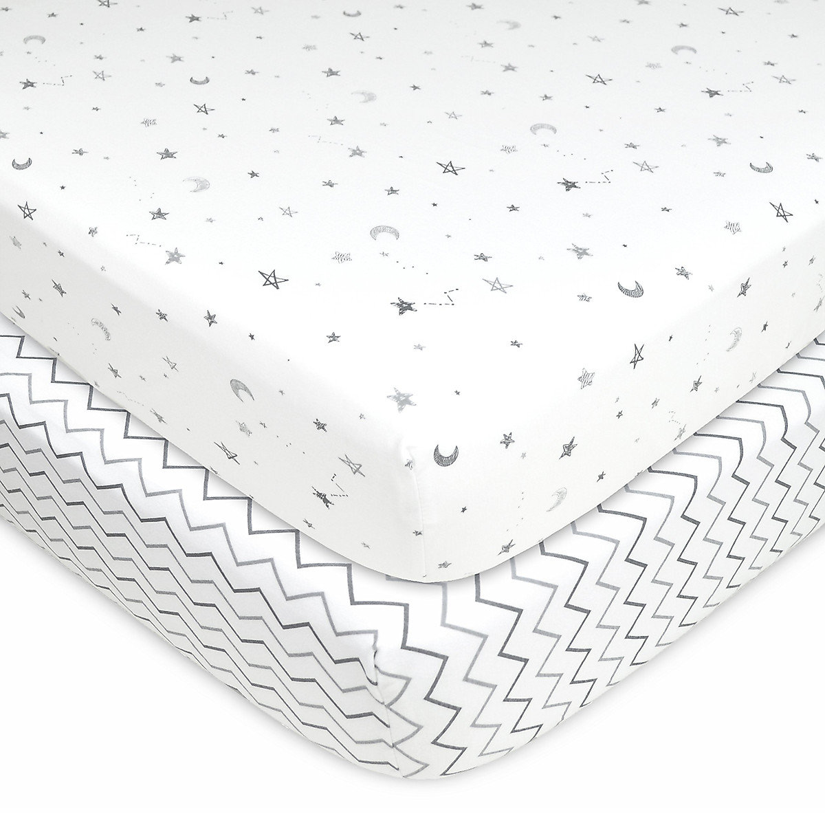 American Baby Company 2 Pack Fitted Pack N Play Playard Sheet 27" x 39", Soft Breathable Neutral 100% Cotton Jersey Pack and Play Sheet, Grey Stars/Zigzag, for Boys and Girls, Fits Most Mini Crib