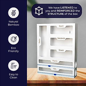 Forever Home 6 IN 1 Ziplock Bag Organizer, Bamboo Foil & Plastic Wrap Organizer for Kitchen Drawer - Compatible with Ziplock Gallon, Quart, Sandwich, Snack, Aluminum Foil etc - White