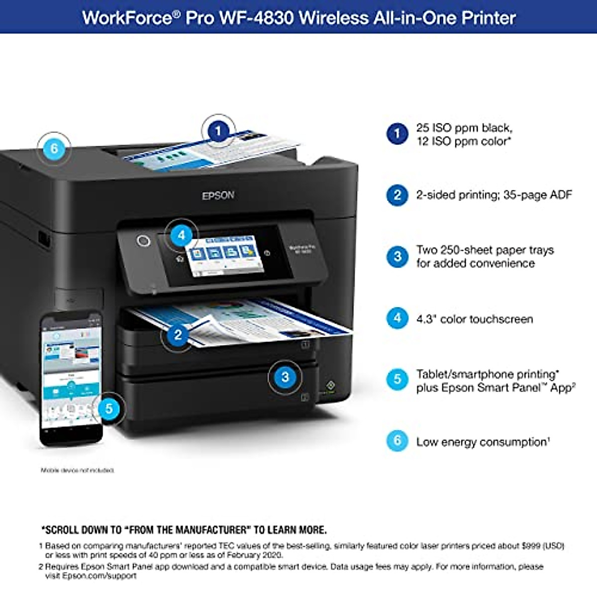 Epson Workforce Pro WF-4830 All-in-One Wireless Color Inkjet Printer - Print Scan Copy Fax - 4.3" Touchscreen Display, 25 ppm, 4800 x 2400 dpi, Auto 2-Sided Printing, 50-sheet ADF, 500-Sheet, Ethernet