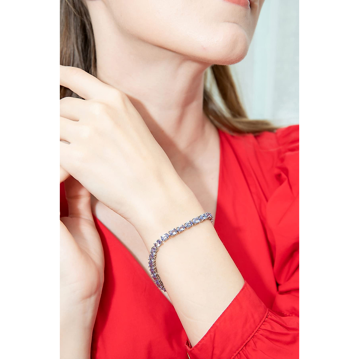 B. BRILLIANT Sterling Silver Oval-cut Genuine Natural Tanzanite Tennis Bracelet for Women with Gift Box