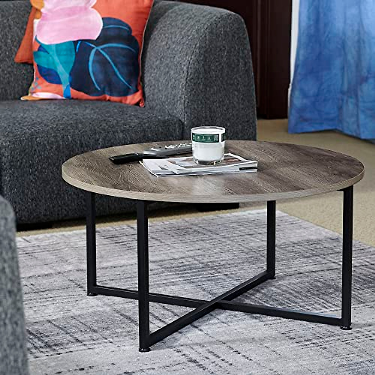 Household Essentials Jamestown Round Coffee Table Ashwood Rustic Wood Grain and Black Metal 31.5 x 31.5