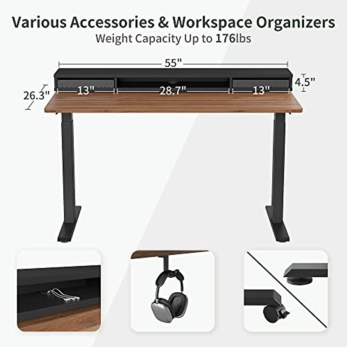 BANTI 55" × 26" Electric Standing Desk with Monitor Stand, Height Adjustable Table with LED Strips, Ergonomic Home Office Furniture with 2 Drawers Storage, Black Walnut Top