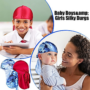 4 Pcs Kids Satin Durags Head Wrap Silk Durag Cap with Long Tail Wide Strap 360 Waves Cap Toddler Durags for Boy Girls (Black, Wine Red, Blue, Camouflage Blue)