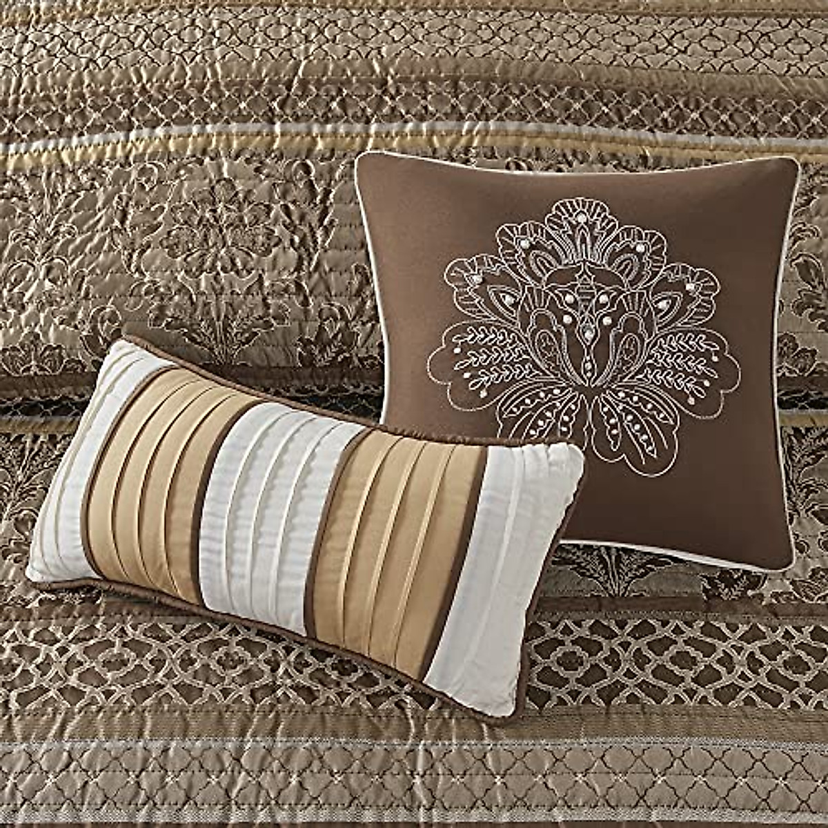 Madison Park Quilt Traditional Damask Design All Season, Lightweight Coverlet Bedspread Bedding Set, Matching Shams, Pillows, King/Cal King(104"x94"), Bellagio, Jacquard Brown/Gold 6 Piece (MP13-369)