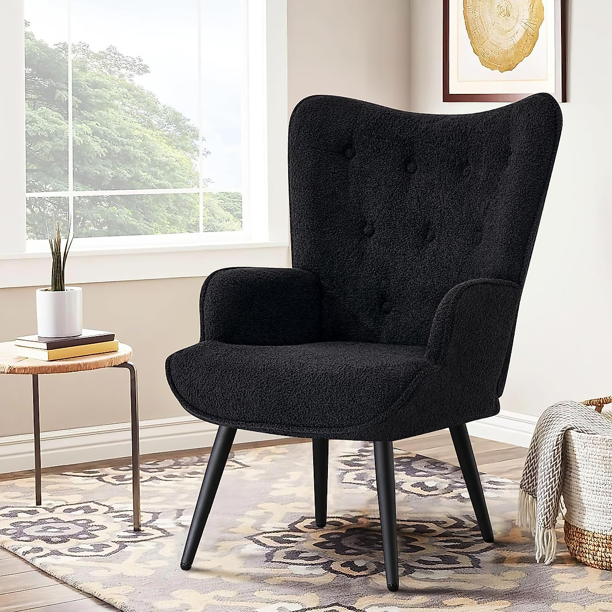 Furniliving Boucle Accent Chair for Living Room, Upholstered Reading Chair with High Backrest, Tufted-Button Wingback Armchair for Bedroom, Dressing Room, Home Office, Black