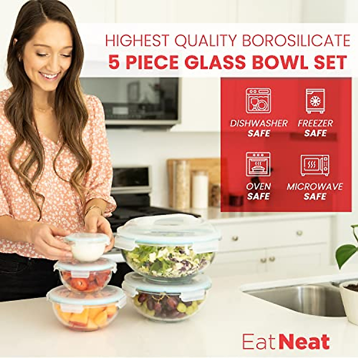 EatNeat Set of 5 Airtight Glass Food Storage Containers with Lids | Premium Airtight Storage Containers | Meal Prep Food Containers with Lids | Glass Mixing Bowls | Kitchen Storage Containers