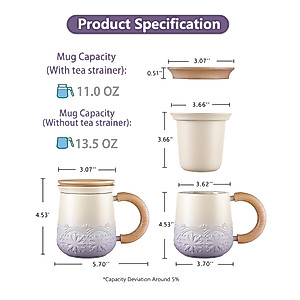 ZENS Tea Mug with Infuser and Lid for Loose Leaf Tea Steeper, 11 oz Embossed Ceramic Tea Cup with Strainers for Tea Steeper, Wood Handle Gradient Tea Cup for Daughter, Collector's Mug Gifts