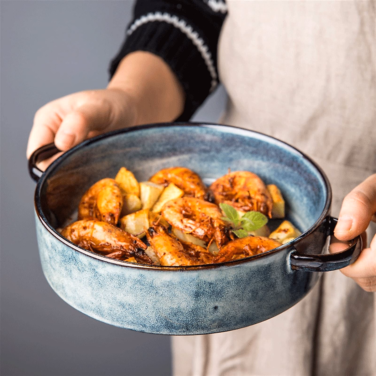 WAOCEO Dinner plate Dinner Plate Chinese Creative Ceramic Plate Household Double Ear Handle Large Bowl Plate Round Porcelain Dinner Plates Dishes Plates (Color : B)