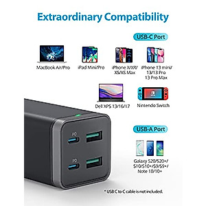 USB C Charger, GaN 65W 4-Port Desktop USB Charging Station with 2 USB-C Ports +2 USB-A Ports PD Fast Charger for MacBook Pro Air, Dell XPS 13, iPad Pro, iPhone 14 13 12 Pro Max, Galaxy and More(Black)