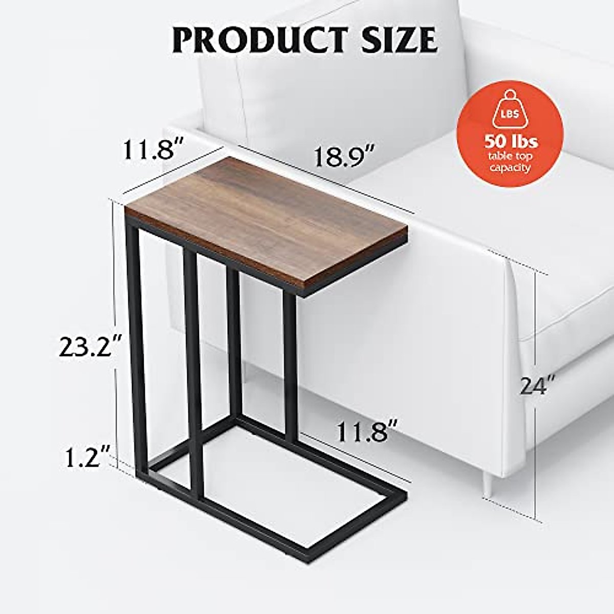WLIVE Side Table Set of 2, C Shaped End Table for Couch, Sofa and Bed, Large Desktop C Table for Living Room, Bedroom, Brown and Black