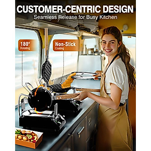 PYY Bubble Waffle Maker - Commercial Egg Puff Waffle Iron Machine, 1500W 122-482℉ Electric Stainless Steel Hong Kong, 30 Egg Cones | 180° Rotating| Black Non-stick Coating | Crumb Tray | Wooden Handle