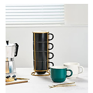 YHOSSEUN Porcelain Stackable Coffee Mug Set With Rack, Demitasse Cups with Espresso Spoons, 11 Oz For Coffee Drinks, Latte, Macchiato, Cafe Mocha Set of 4,Black