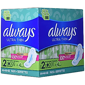 Always Ultra Thin Feminine Pads with Wings, Long/Super, Unscented, 88 Count