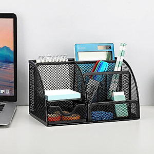 MaxGear Mesh Desk Organizer Office Desktop Organizer with Drawer, Metal Stationary Organizer Black Desk Caddy, 6 Compartments, 8.7 x 5.5 x 5 inch, 1 Pack