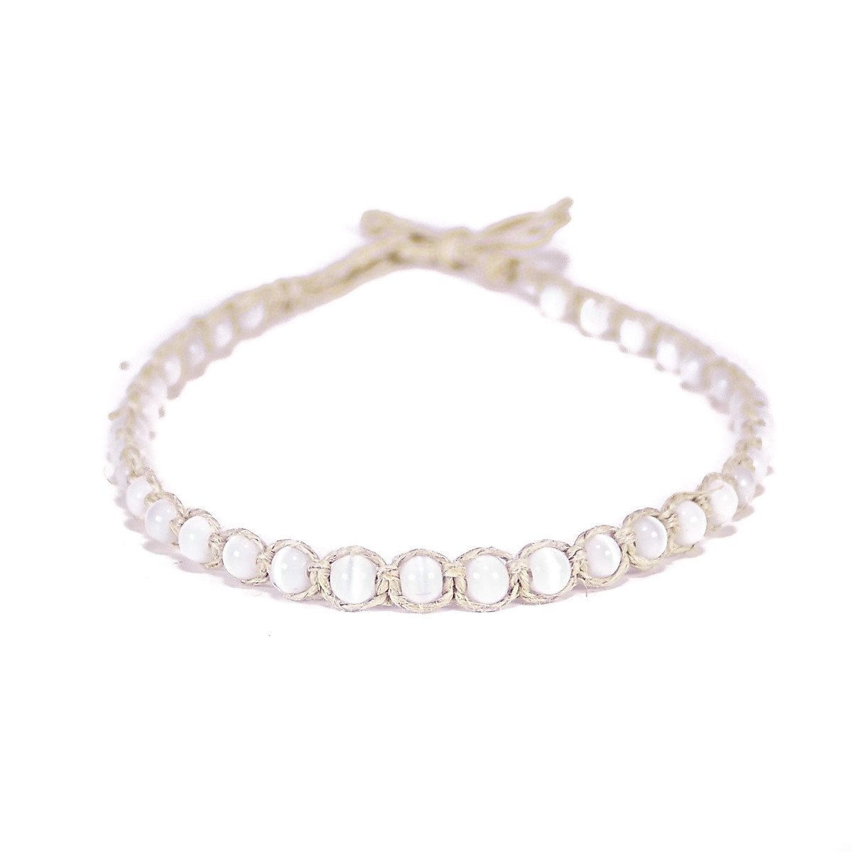 BlueRica Braided Hemp Cord Choker Necklace with Cat's Eye Beads (White)