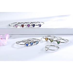 Simple Heart Birthstone Ring for Women 925 Sterling Silver Stackable Promise Ring with Colorful Cubic Zirconia Minimalist Jewelry Gift (March, 6)
