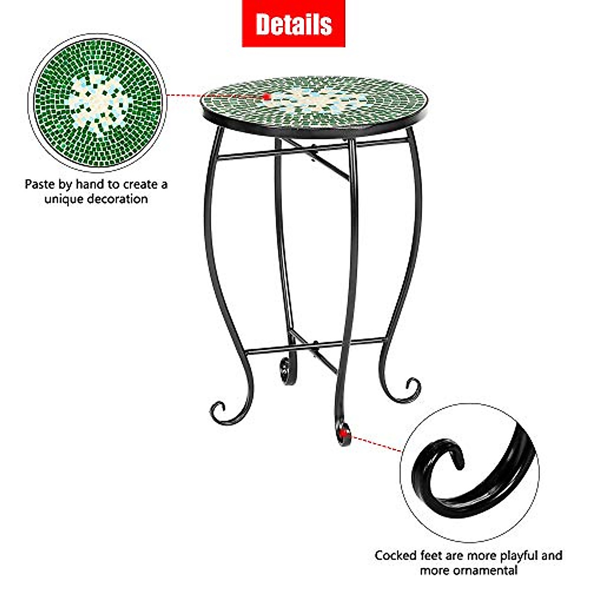 Henf Mosaic Side Table Outdoor Patio Accent Table, 14" Round Coffee Table End Table Plant Stand Decor for Porch Balcony Deck Pool