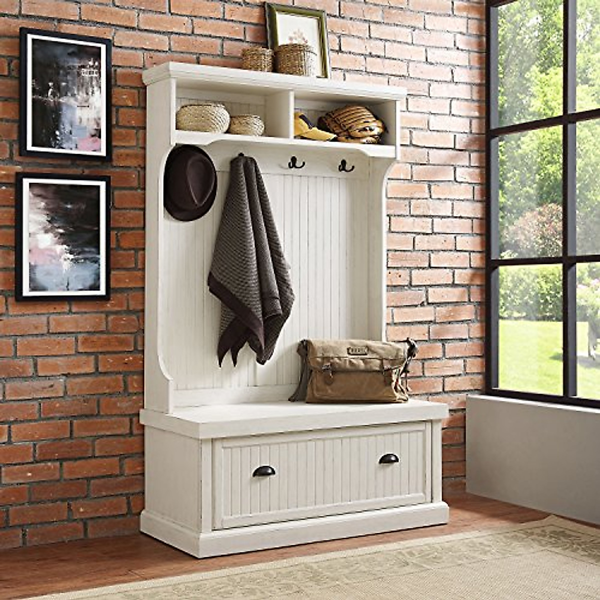 Crosley Furniture Seaside Hall Tree, Entryway Bench with Coat Rack and Shoe Cabinet, Distressed White