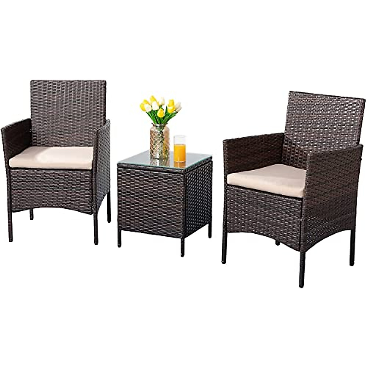Shintenchi 3 Pieces Outdoor Patio Furniture Set Patio Porch Conversation Sets PE Rattan Wicker Chairs with Table Outdoor Garden Furniture Sets, Brown