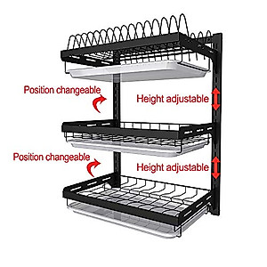 junyuan Hanging Dish Drying Rack Wall Mount,Dish Racks Drainer,3 Tier Kitchen Plate Organizer Storage Shelf with Drain Tray with 3 Hooks,Stainless Steel Black Coating (3 Tier, 21.8)