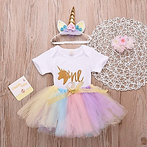 BOEBNOZCV Toddler Baby Unicorn 1st Birthday Outfit Newborn Baby Girl Party Romper Bodysuit+ Tutu Skirt Dress Clothes Set (12-18 Months, Unicorn One)