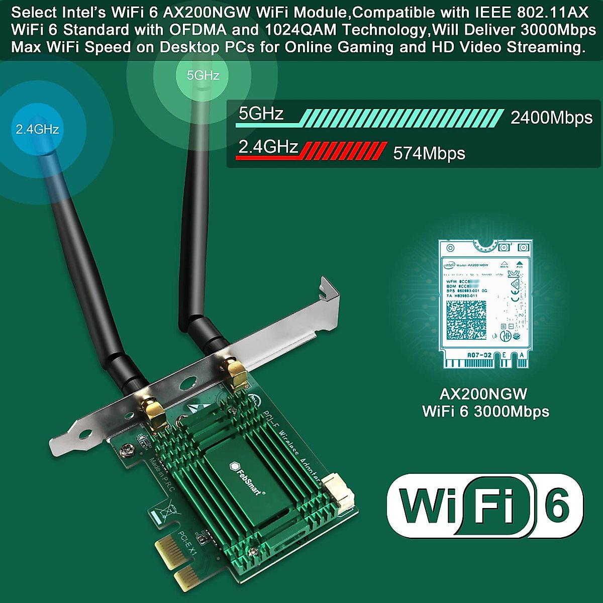 FebSmart WiFi 6 PCIE WiFi Adapter for Windows 11, 10 64bit, Linux Kernel 5.1 Desktop PCs, 2.4GHz 574Mbps and 5GHz 2400Mbps, Gaming and Video Streaming PCIE WiFi Card, Intel WiFi 6 AX200NGW (AX3000)