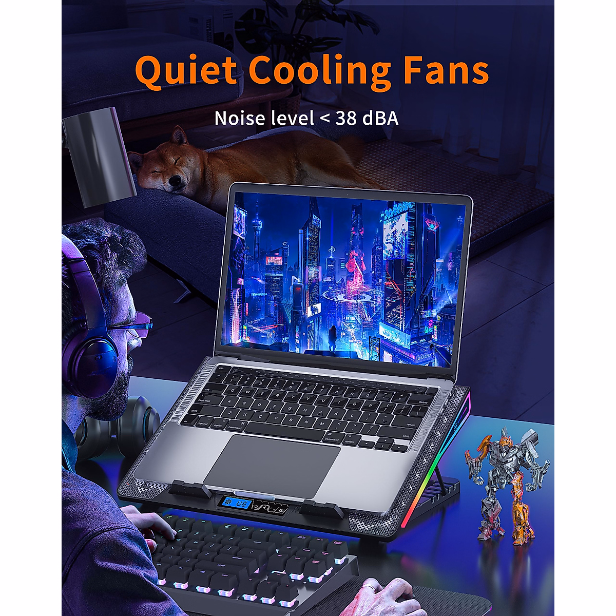 AICHESON Gaming Laptop Cooling Pad, RGB Lights Computer Cooler Stand, 5 Quiet Fans for 15.6-18 Inch Laptops, PC Notebook Heat Dissipation, AA2
