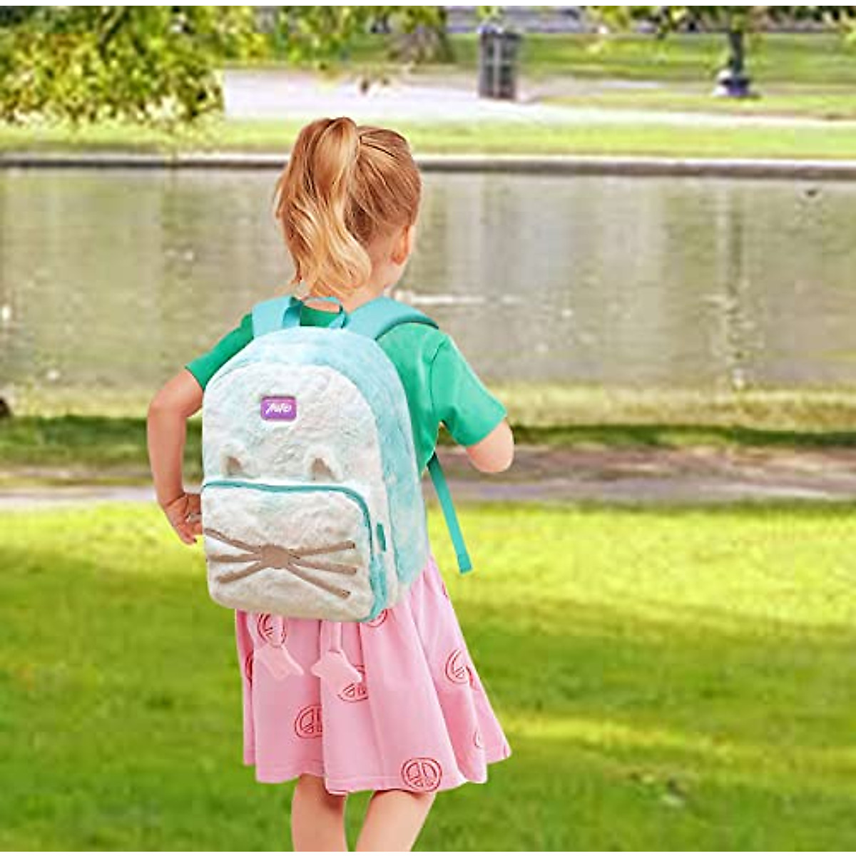 Bendopa Cat Backpack for Girls, Kids backpack Set with Pencil Case, Plush Kitty Schoolbag for Children, Furry Green