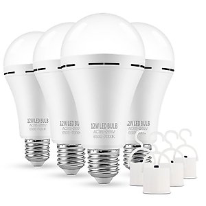 TFOI Rechargeable Emergency LED Light Bulbs for Home Power Failure Listed Battery Operated Light Bulb Power Outage Camping Reading Lighting Hurricane 12W 800LM E26 4 Pk (Daylight)