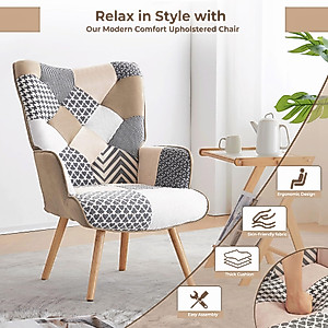 Bafode Accent Chair, Arm Chair for Living Room, Reading Chairs with High Back and Solid Wood Legs, Comfy Chairs for Bedroom, Boho Decor Patchwork Lounge Chair for Office or Balcony(Grey)