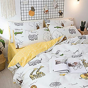 BlueBlue Safari Kids Duvet Cover Set 100% Cotton Bedding for Boys Girls Teens Single Bed Cartoon Lion Elephant Giraffe Monkey Crocodile Pattern Cream White 1 Comforter Cover 2 Pillowcase (Twin, Zoo)