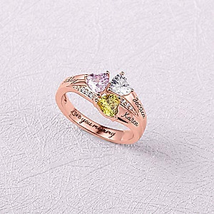 Mothers Ring Sterling Silver with 3 Birthstones & Names Personalized Women Band Custom Three Heart Shaped Stones Children Names White Gold Plated Gift for Mothers Day from Son Daughter
