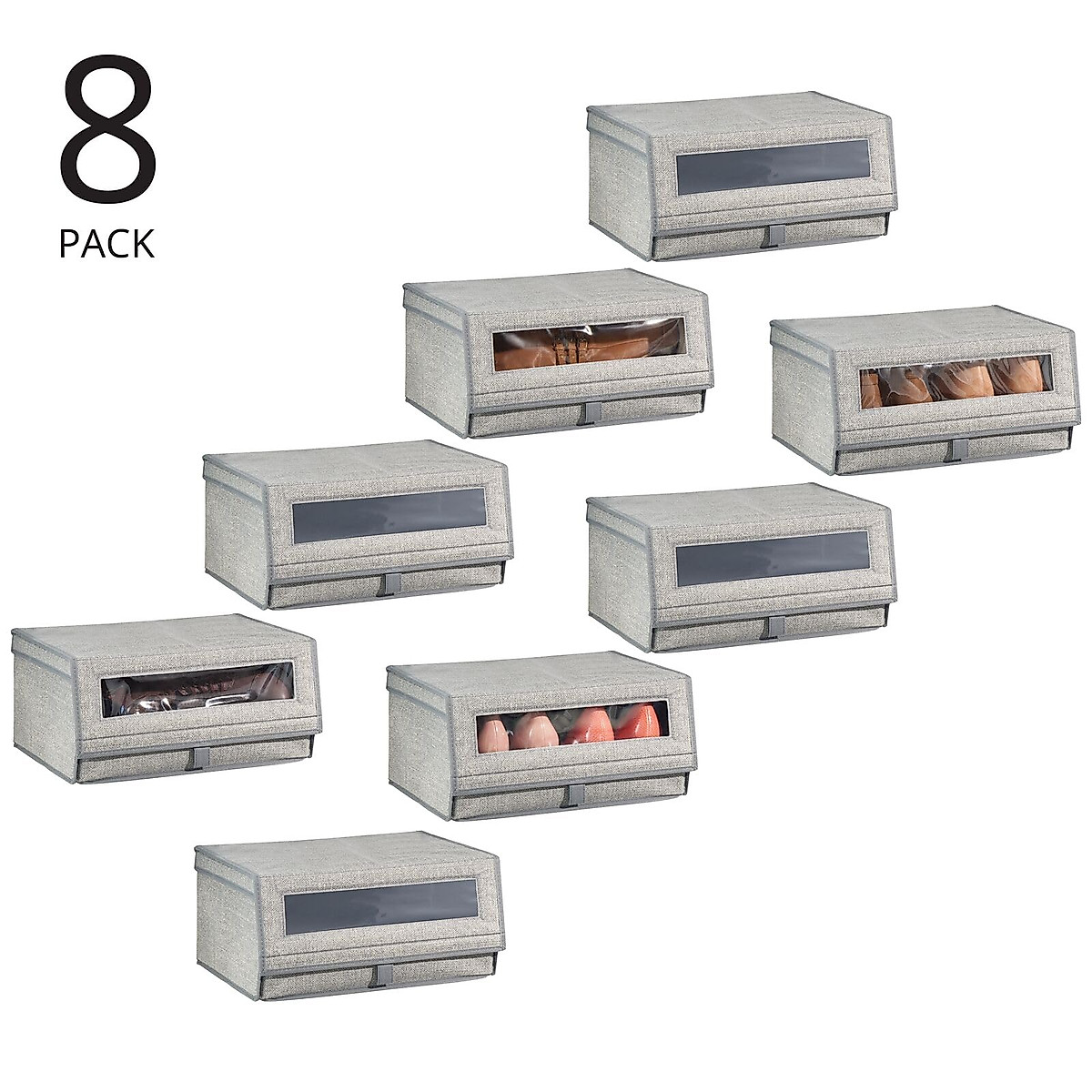 mDesign Large Fabric Closet Shoe Storage Box w/Clear Window - Shoe, Sandal, Sweater, Linen, Clothes Organizer - Boot Storage Solutions - Shoe Bin - Lido Collection, 8 Pack, Gray