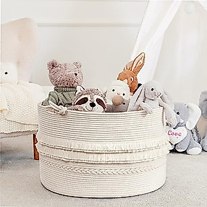 TIMEYARD Large Decorative Basket, 21.7'' x 13.8'' Cotton Rope Blanket Basket Living Room Toy Baskets Storage Kids, Baby Laundry Baskets for Dirty Clothes Pillows Towel, 90L White