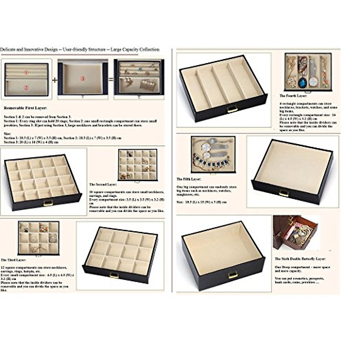 Kendal Huge Jewelry Box Jewelry Case with 6 Tier 5 Drawers Large Storage Capacity with Mirror Jewelry Storage Organizer Great Gift Also Good For Watches LJC-SHD5BK (black)