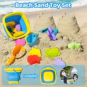 Beach Toy Sand Toy Set for Kids Silicone Foldable Sand Bucket with Summer Mesh Bag, Shovel, Rake, Watering Can, Animal and Castle Sand Molds for Children Outdoor Sandbox Toys for Toddlers Age 3-10