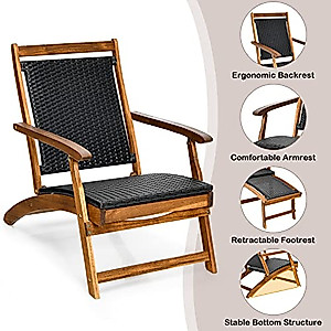 Tangkula Acacia Wood Folding Chaise Lounge Chair, Patiojoy Outdoor Foldable Deck Chair, Portable Wicker Lounger with Retractable Footrest, Collapsible Armchair Ideal for Garden, Poolside, Courtyard
