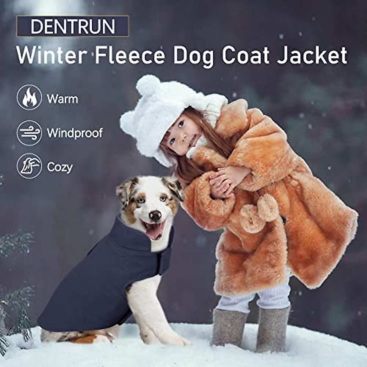 DENTRUN Windproof Winter Warm Fleece Medium Dog Coat Reversible Puppy Jacket Reflective Soft Pet Vest, Cold Weather Dog Sweater Apparel Leash Access Overcoat for Medium Breeds, NavyBlue, M