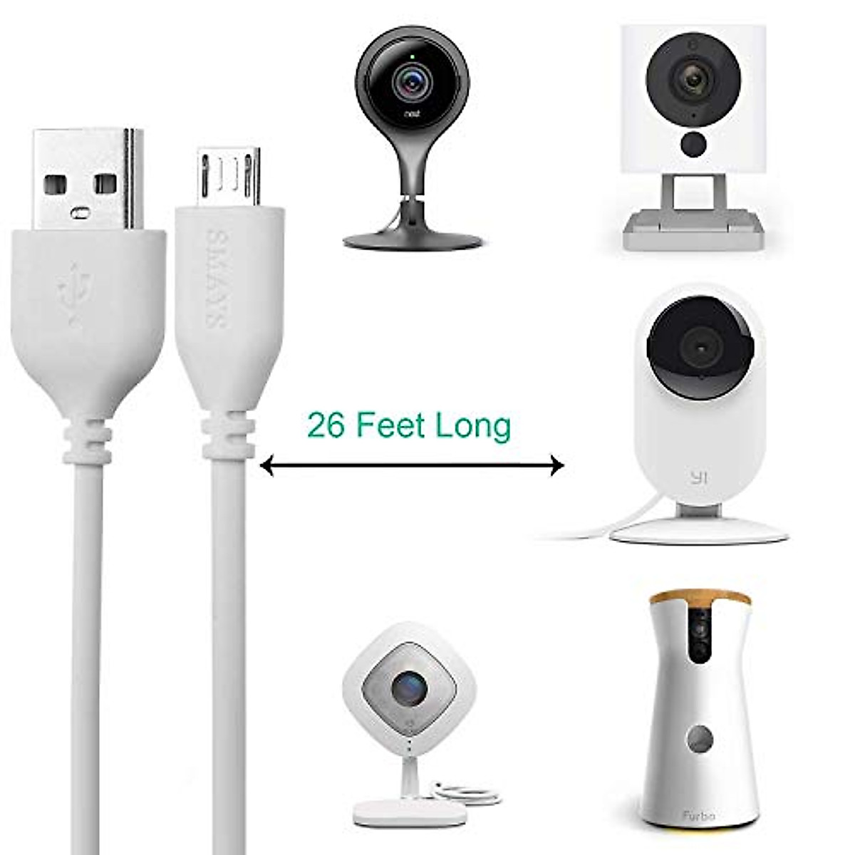 Smays 25ft Extension Cord Replacement for Wyze Cam Pan V2 V3, Yi Home Camera, Micro USB Cable 8M Long White (3-Pack)