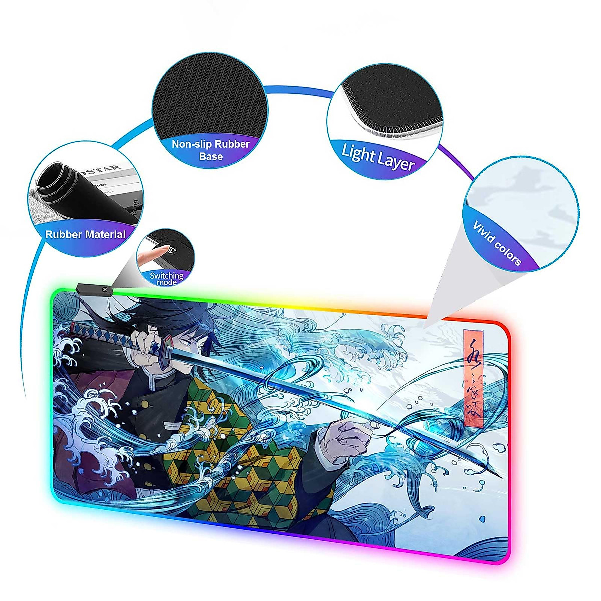 RGB Large Gaming Mouse Pad Anime Giyu Sword,Laptop Desk Pad,Mousepad with Stitched Edge Frame & Non-Slip Rubber Base,Computer Keyboard and Mice Pads Mouse Mat 31.5X15.7