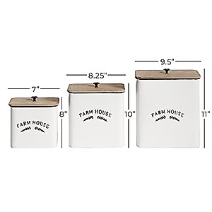 Deco 79 Metal Text Farm House Canisters with Wood Lids, Set of 3 11", 9", 7"H, White