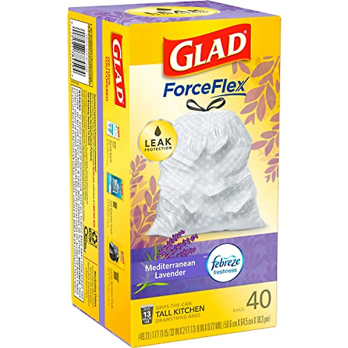 GLAD ForceFlex Tall Drawstring Trash Bags, 13 Gallon White Trash Bags for Tall Kitchen Trash Can, Mediterranean Lavender with Febreze Freshness to Eliminate Odors, 40 Count