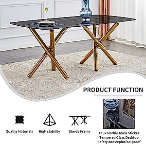 71’’ Modern Glass Dining Table for 8, Large Rectangular Dining Room Table with Golden Metal Legs, Minimalist Kitchen Table for Restaurant, Meeting Room, Imitation Marble Black Desktop